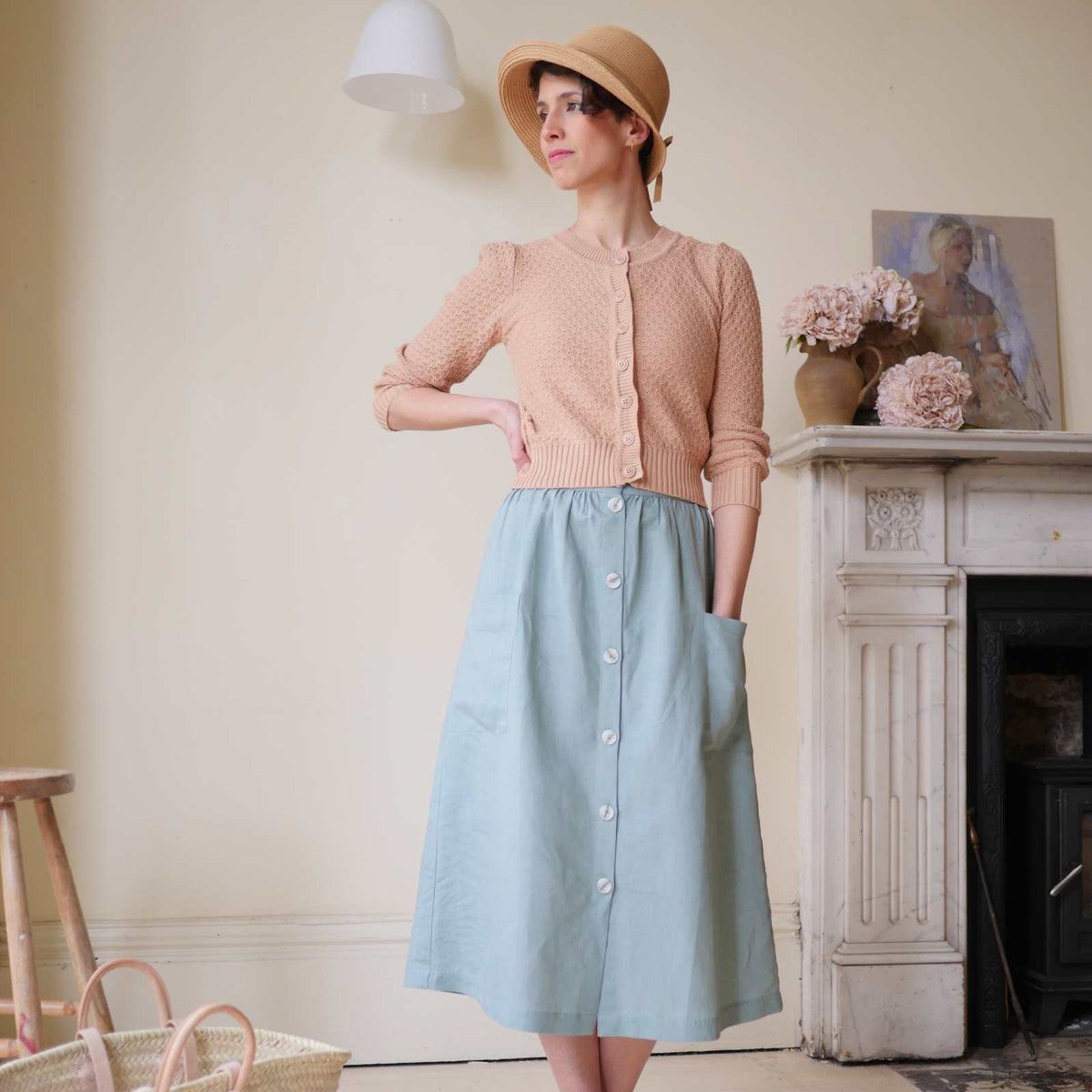 High Waisted Button Skirt - Duck Egg | Closet & Botts